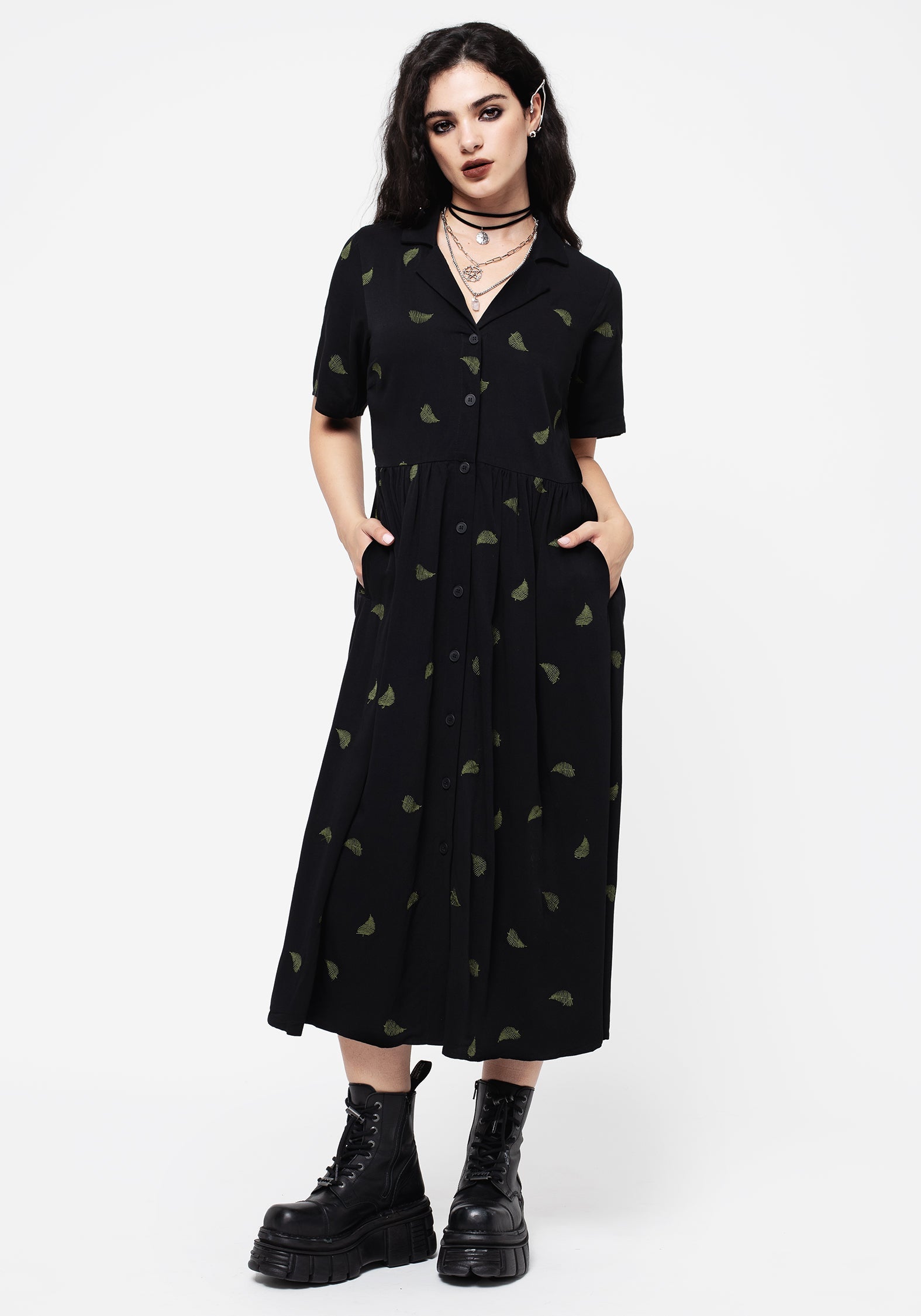 Disturbia | Osmunda Fern Embroidered Midi Shirt Dress | Dresses