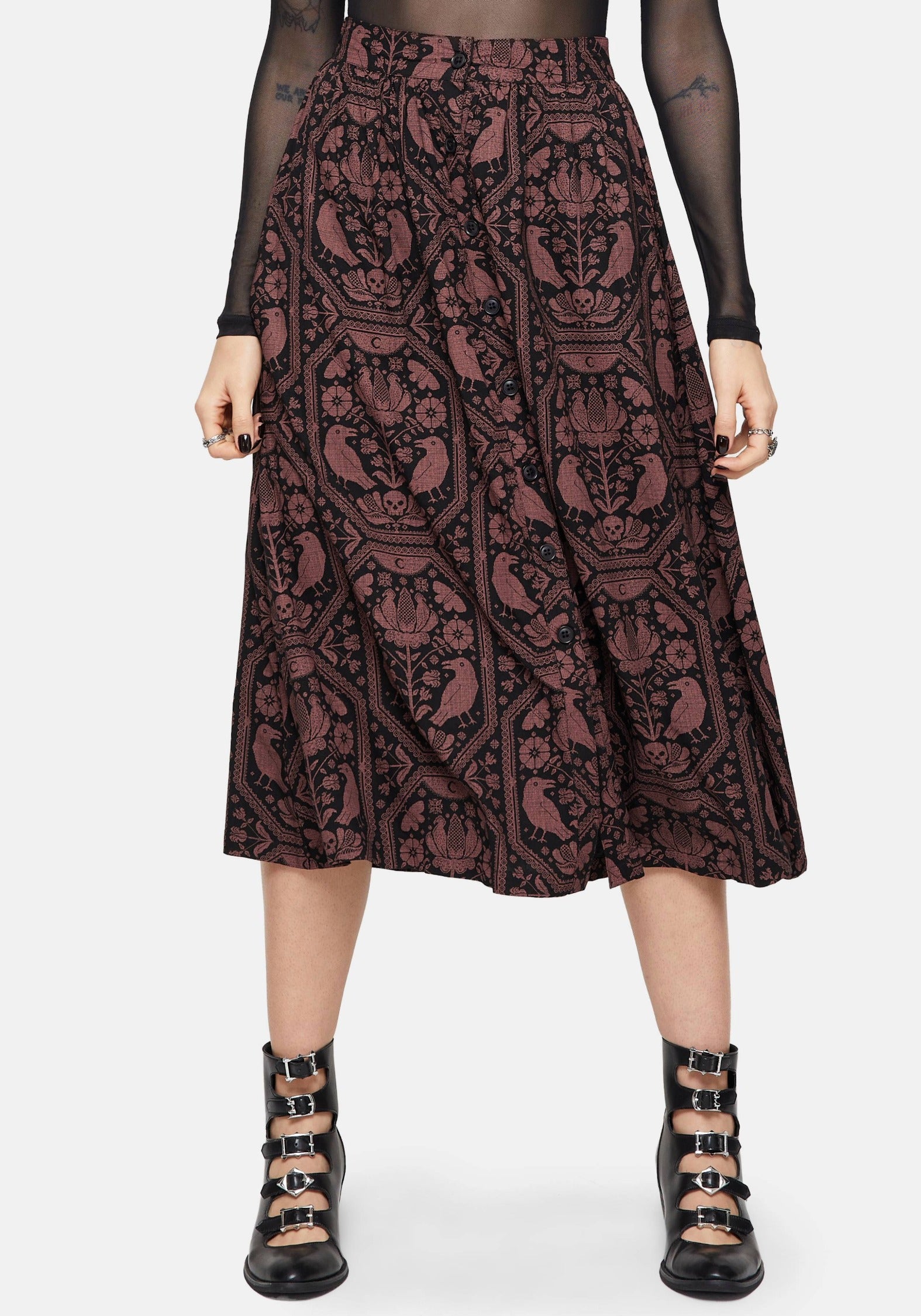 Annabel Inverted Raven Print Button Down Midi Skirt – Disturbia