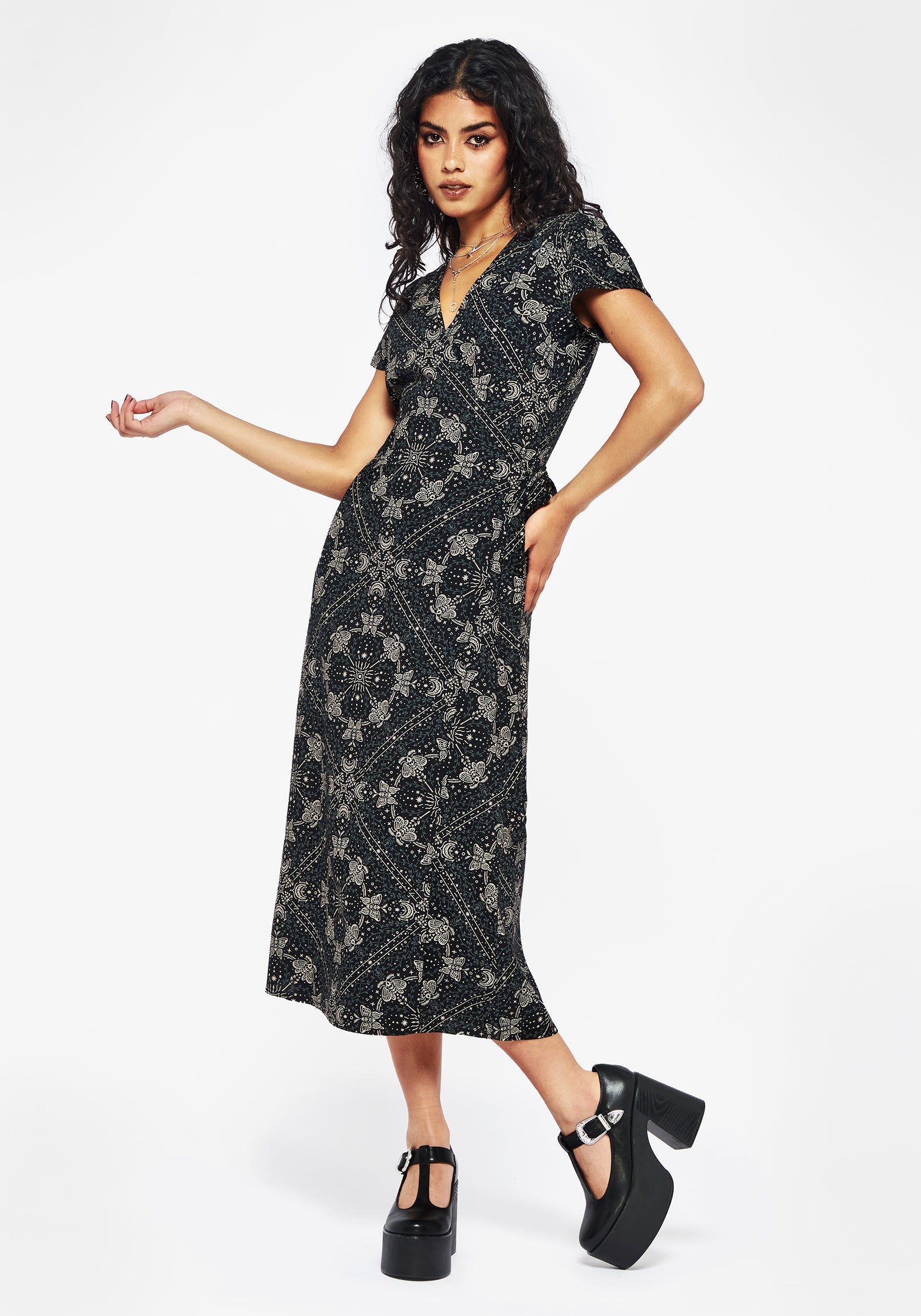 Poem Moth Print Wrap Midi Dress – Disturbia