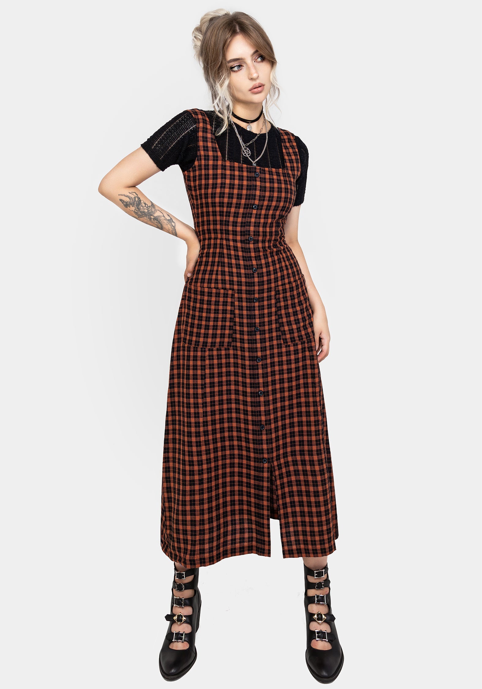 Disturbia | Terra Check Button Up Midaxi Dress - Orange | Dresses