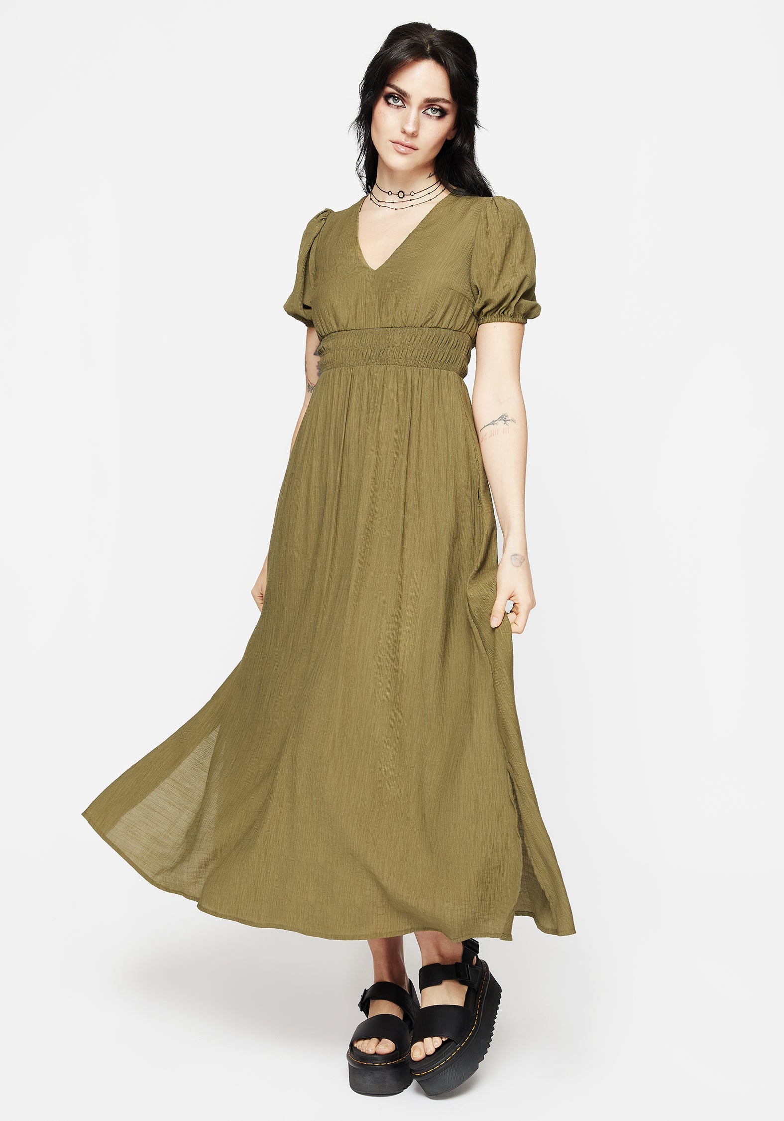 Tryphena Shirred V Neck Midaxi Dress – Disturbia